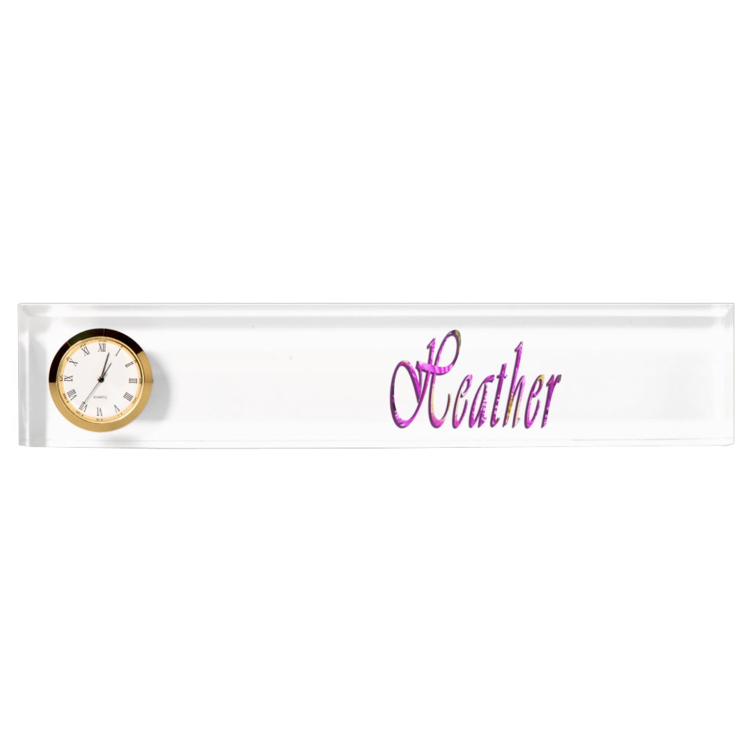 Heather, Name, Logo, Desk Name Plate With Clock. | Zazzle