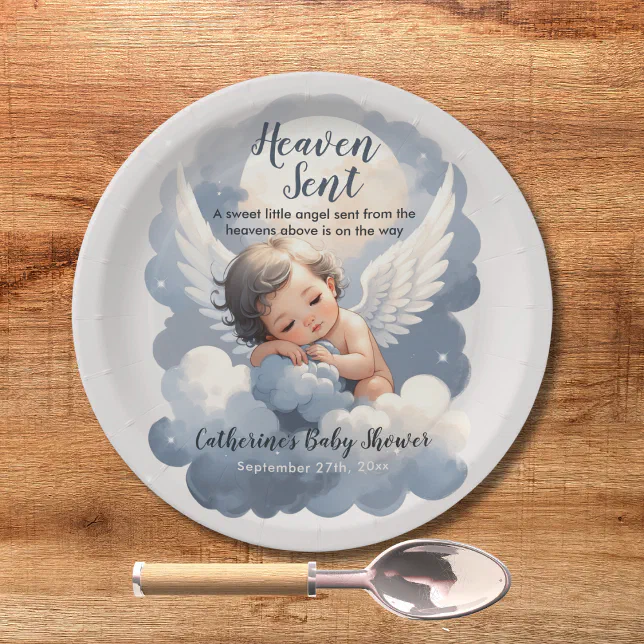 Heaven Sent Angel Baby In Clouds Baby Shower Paper Plates | Zazzle
