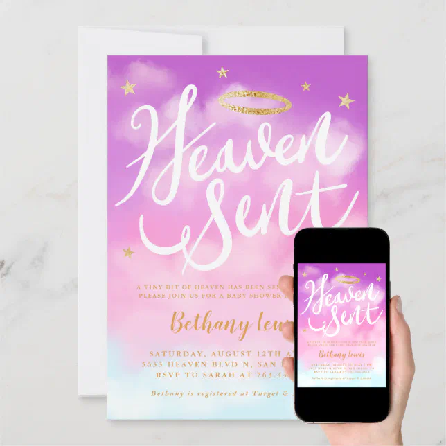 Heaven Sent Angel Gold Halo Baby Shower Pink Invitation | Zazzle