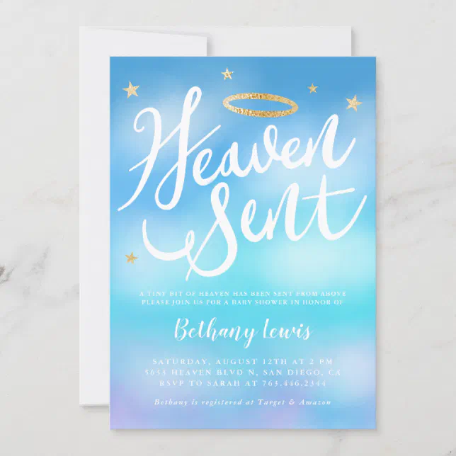 Heaven Sent Angel Gold Halo Blue Baby Shower Invitation | Zazzle
