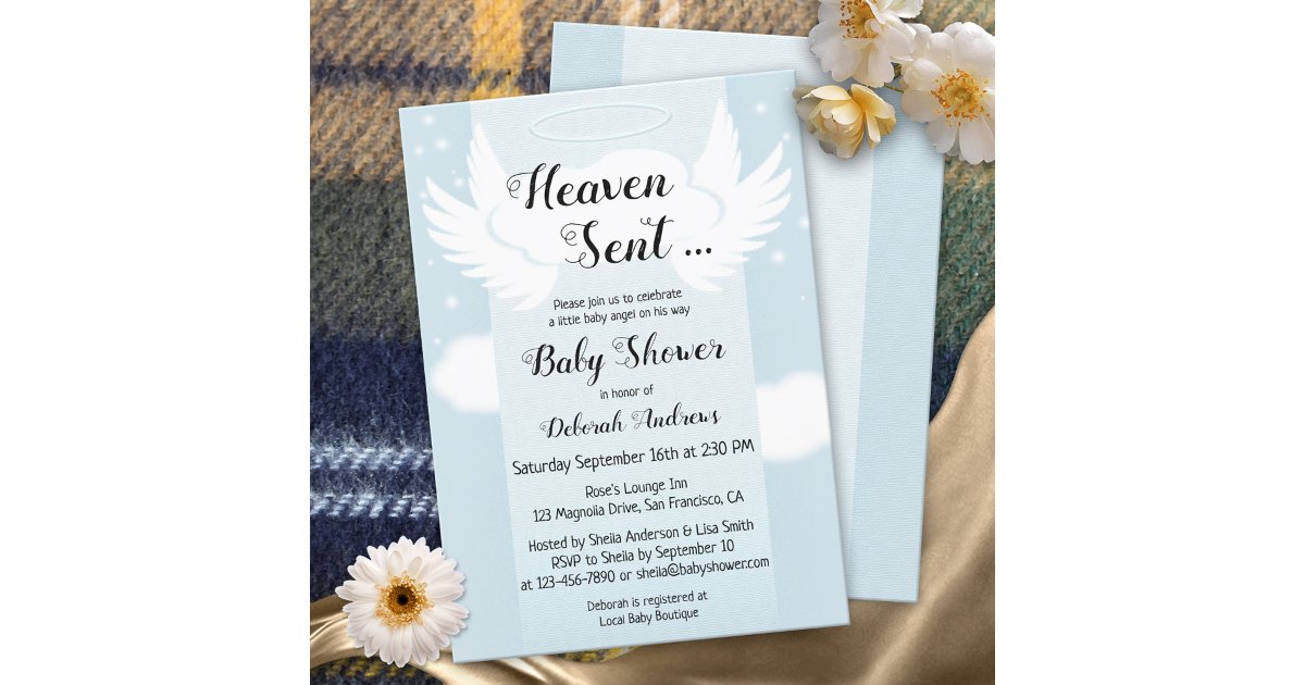 Heaven Sent Angel Wings Boy Baby Shower Invitation | Zazzle
