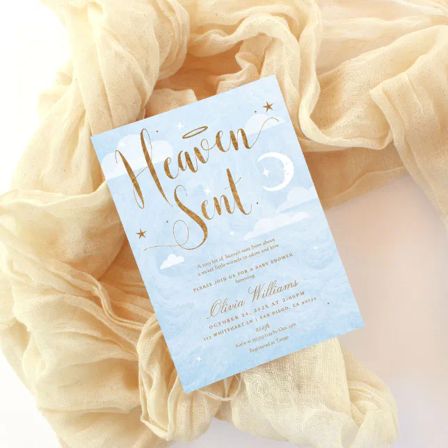 Heaven Sent Baby Shower Blue and Gold Invitation | Zazzle