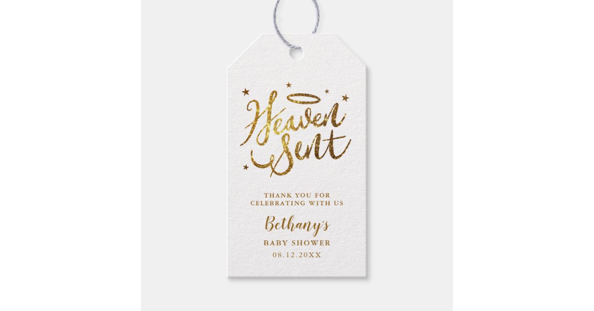 Heaven Sent Baby Shower Favor Gold Glitter Gift Tags | Zazzle