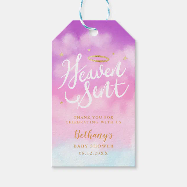 Heaven Sent Baby Shower Favor Pink Gift Tags | Zazzle