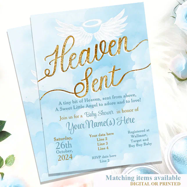 Heaven Sent Baby Shower Invitation - Boy Angel | Zazzle