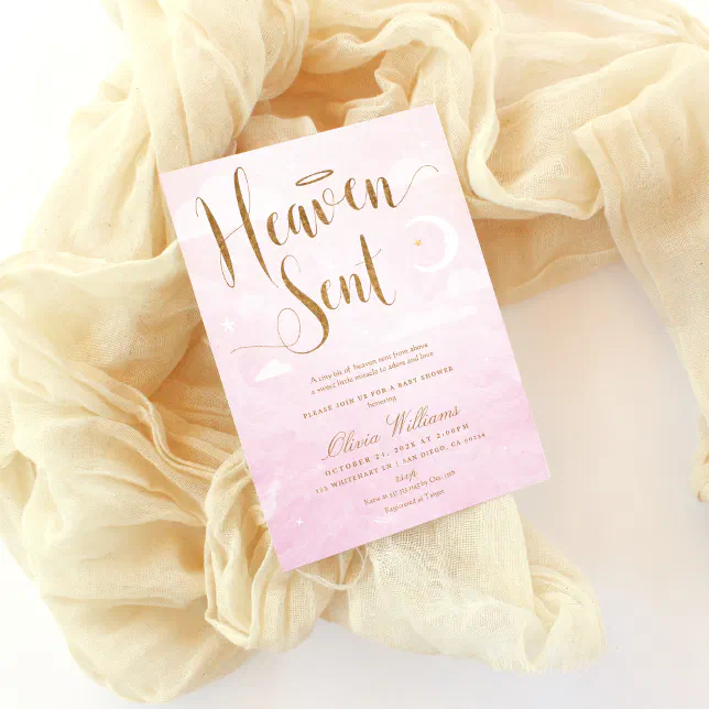 Heaven Sent Baby Shower Pink and Gold Invitation | Zazzle