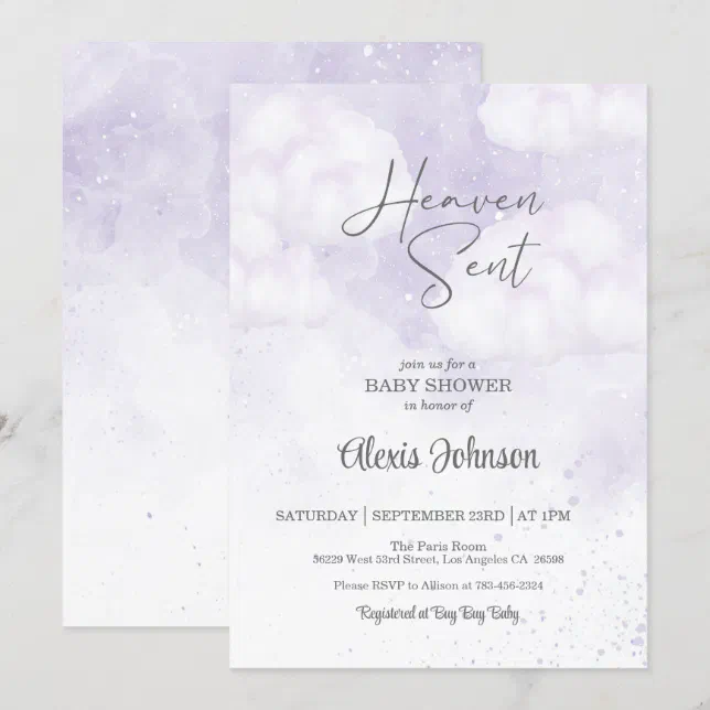 Heaven Sent Baby Shower Purple Invitation | Zazzle