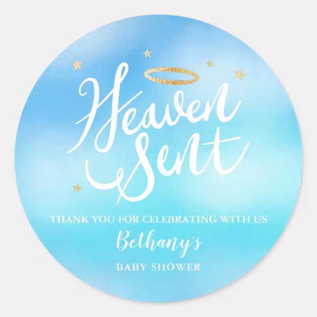 Heaven Sent Blue Baby Shower Favor Classic Round Sticker | Zazzle