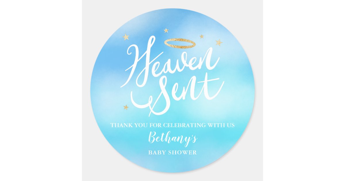 Heaven Sent Blue Baby Shower Favor Classic Round Sticker | Zazzle