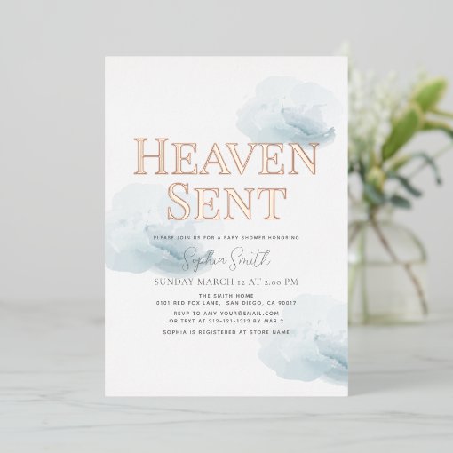Heaven Sent Blue Cloud Boy Baby Shower Foil Invitation | Zazzle