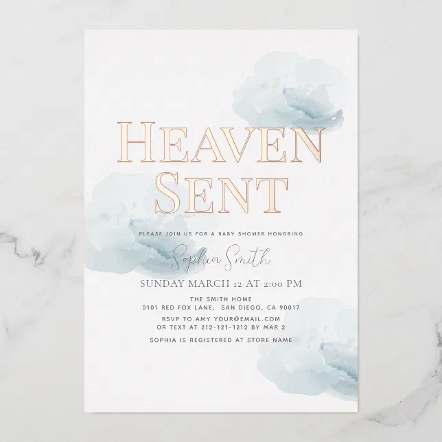 Heaven Sent Blue Cloud Boy Baby Shower Foil Invitation | Zazzle