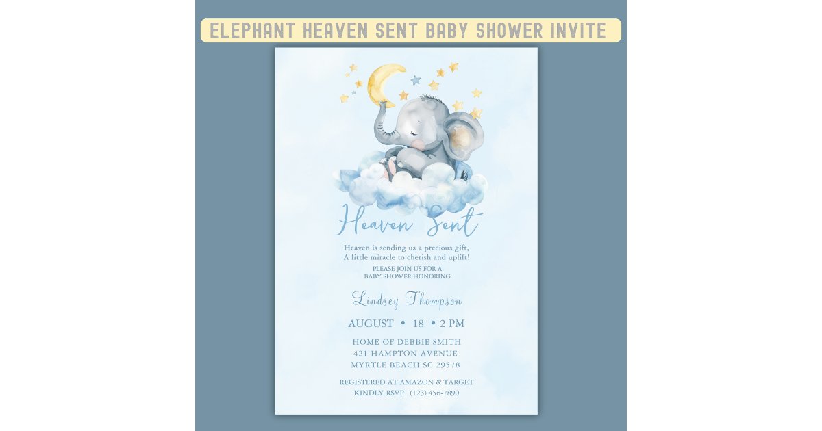 Heaven Sent Blue Elephant Baby Shower Invitation | Zazzle