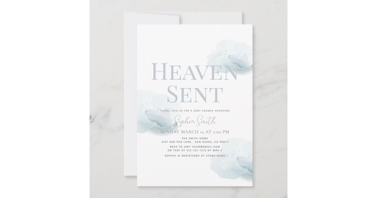 Heaven Sent Boy Blue Cloud Baby Shower Invitation | Zazzle