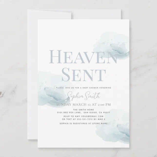 Heaven Sent Boy Blue Cloud Baby Shower Invitation | Zazzle