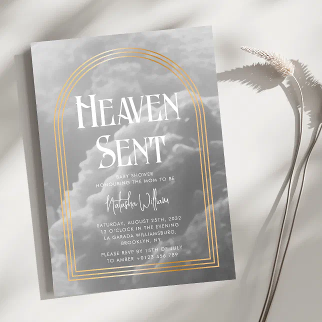 Heaven Sent Clouds Golden Neutral Baby Shower Invitation | Zazzle