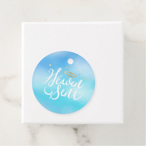 Heaven Sent Gold Halo Baby Shower Blue Favor Tags | Zazzle
