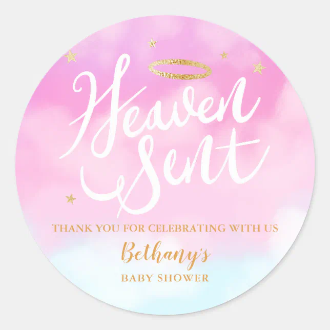 Heaven Sent Pink Baby Shower Favor Classic Round Sticker | Zazzle