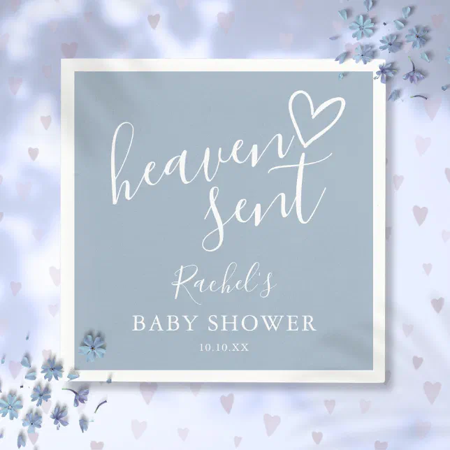 Heaven Sent Script Dusty Blue Boy Baby Shower Napkins | Zazzle