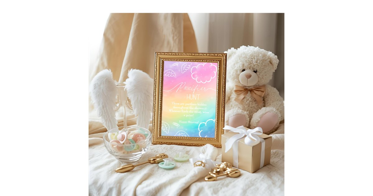 Heavenly baby shower Rainbow Pacifier Hunt game Invitation | Zazzle