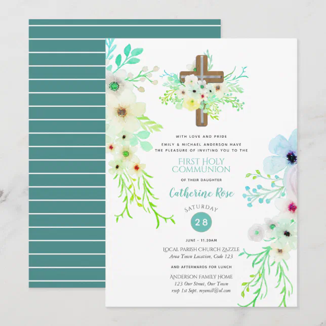 Heavenly Cross Holy Communion Invitation Flowers | Zazzle