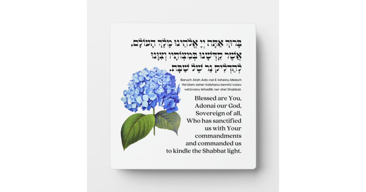 Hebrew Blessing for Shabbat Candles Hydrangea Plaque | Zazzle
