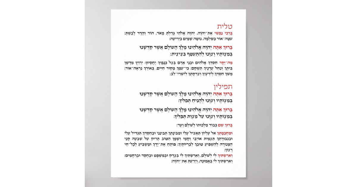 Hebrew Blessings for Tallit and Tefillin Poster | Zazzle
