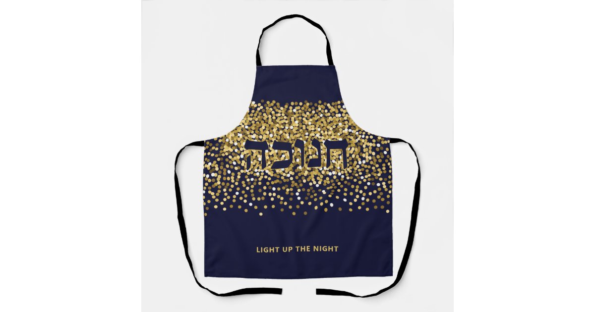 Hebrew Hanukkah Light up Night Gold/Navy Glitter Apron | Zazzle
