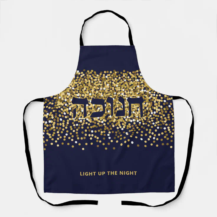Hebrew Hanukkah Light up Night Gold/Navy Glitter Apron | Zazzle