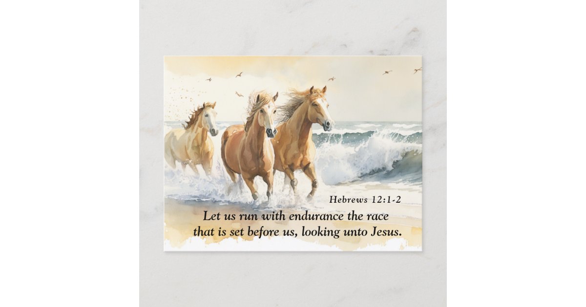 Hebrews 12:1 Let us Run with Endurance Bible Horse Postcard | Zazzle