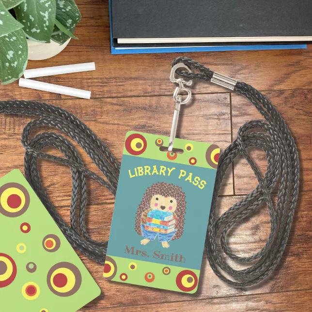 Hedgehog carrying books library hall pass badge | Zazzle