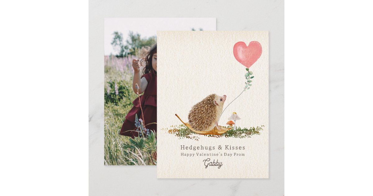 Hedgehog Hugs & Kisses Classroom Valentine Photo Postcard | Zazzle