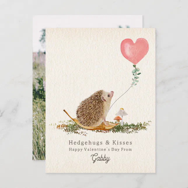 Hedgehog Hugs & Kisses Classroom Valentine Photo Postcard | Zazzle