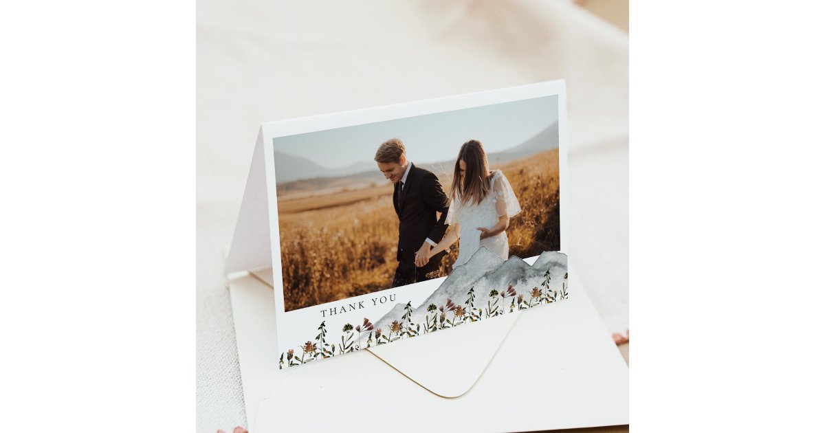 HEIDI Boho Mountain Floral Photo Thank You Card | Zazzle