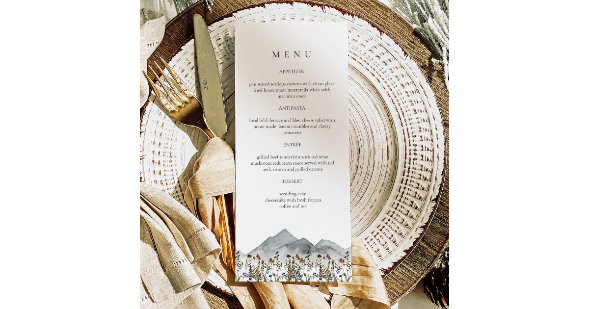HEIDI Boho Wildflower Mountain Dinner Menu Cards | Zazzle