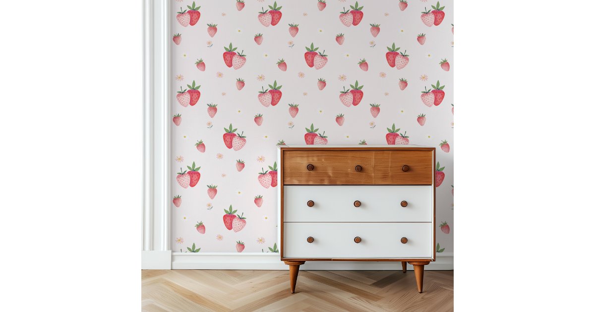 HEIDI Cute Pink Boho Strawberry Baby Girl Nursery Wallpaper | Zazzle