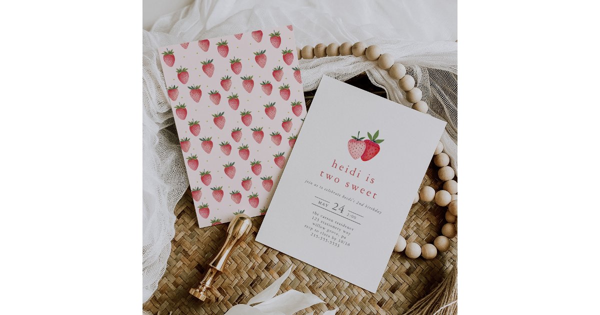 HEIDI Cute Strawberry Kids Two Sweet 2nd Birthday Invitation | Zazzle