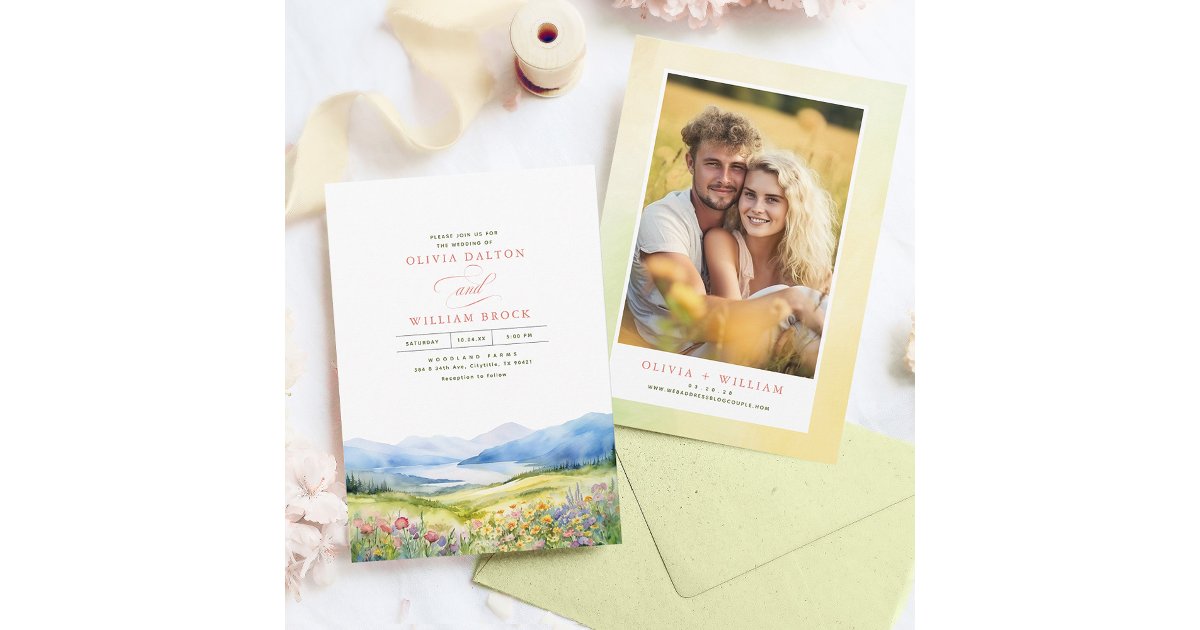 Heidi Mountains Wildflowers Elegant Wedding Photo Invitation | Zazzle