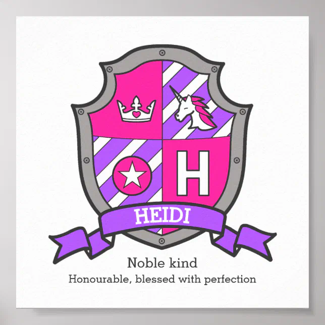 Heidi name meaning unicorn letter H crest poster | Zazzle