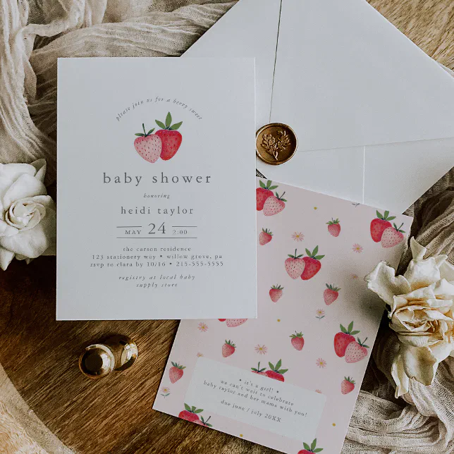 HEIDI Pink Berry Sweet Strawberry Girl Baby Shower Invitation | Zazzle