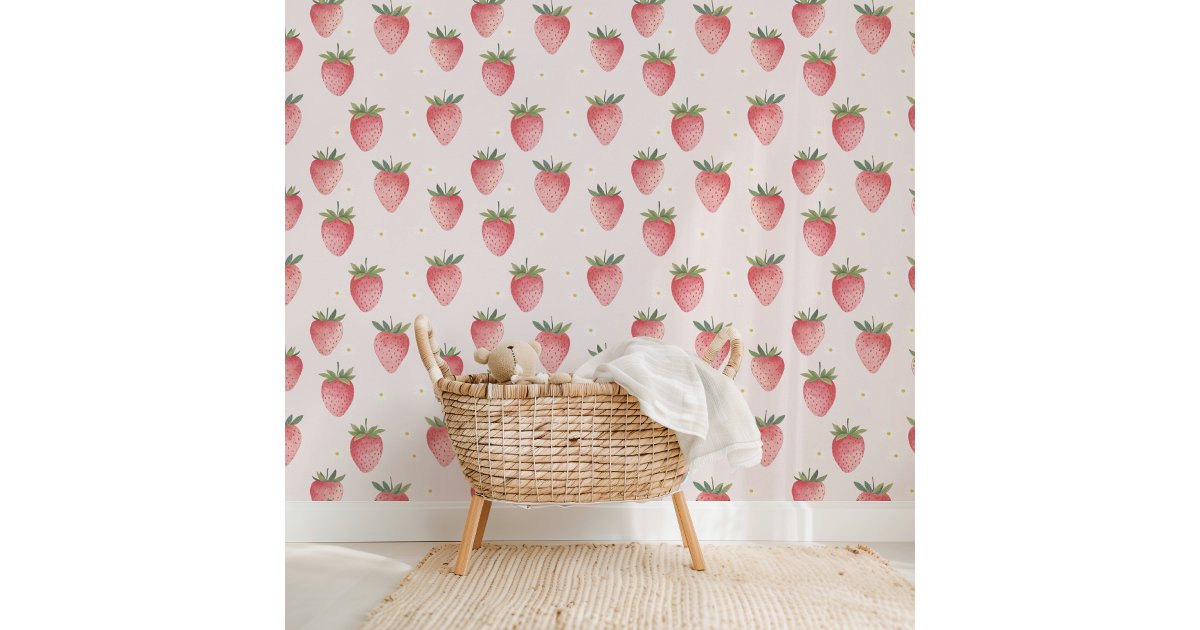 HEIDI Pink Strawberry Pattern Baby Girl Nursery Wallpaper | Zazzle