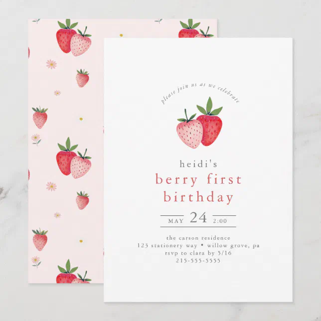 HEIDI Pink Summer Strawberry Berry First Birthday Invitation | Zazzle