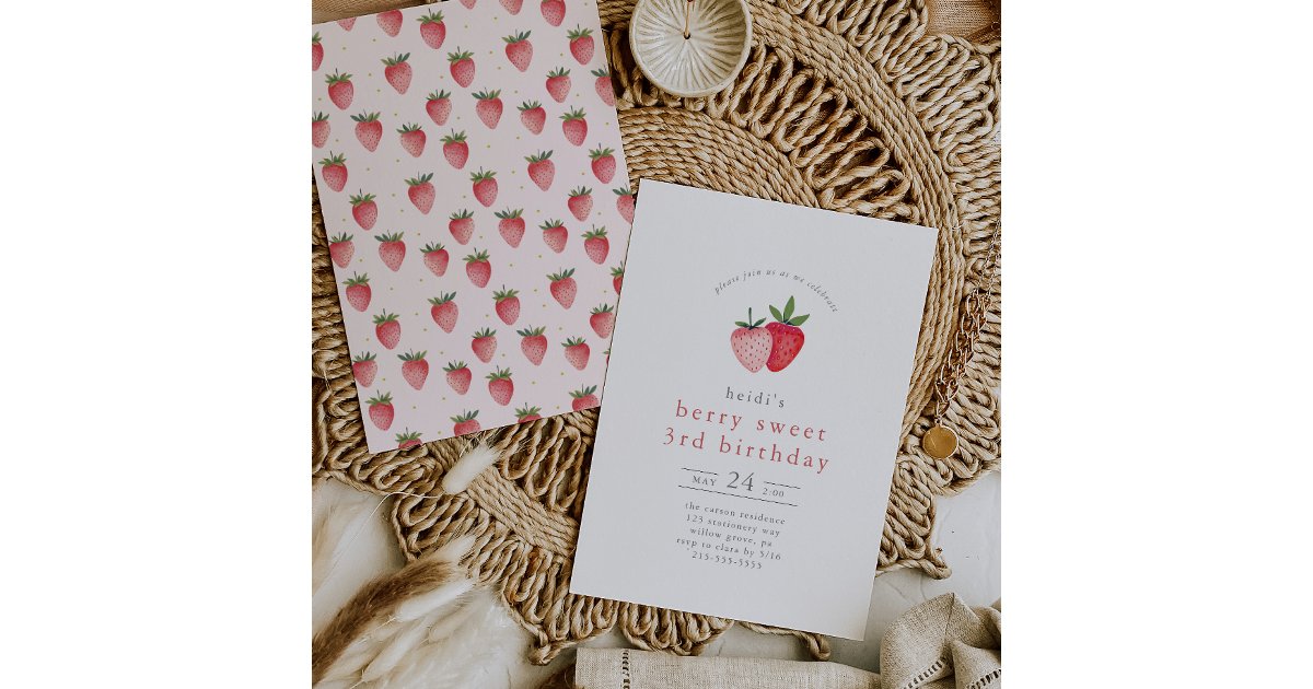 HEIDI Summer Strawberry Berry Sweet 3rd Birthday Invitation | Zazzle