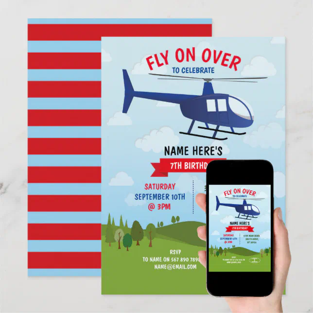 Helicopter Birthday Party Fly Over Red Blue Invitation | Zazzle