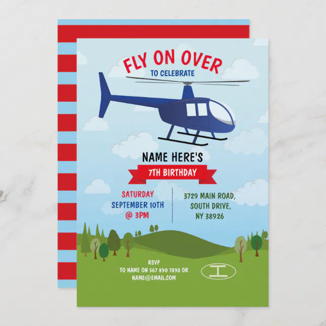 Helicopter Birthday Party Fly Over Red Blue Invitation | Zazzle