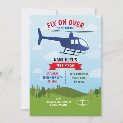Helicopter Birthday Party Fly Over Red Blue Invitation | Zazzle