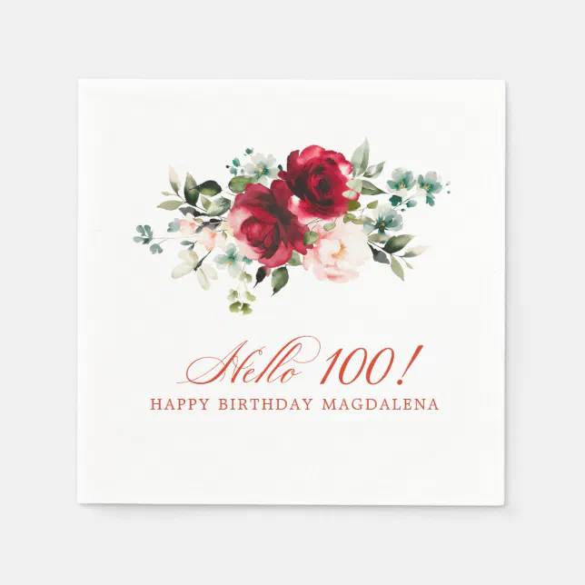 Hello 100 Birthday Party Red Pink Floral Napkins | Zazzle