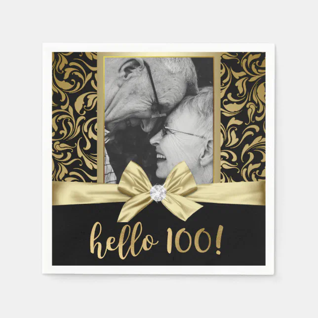 Hello 100 Gold Black Damask 100th Birthday Napkins | Zazzle