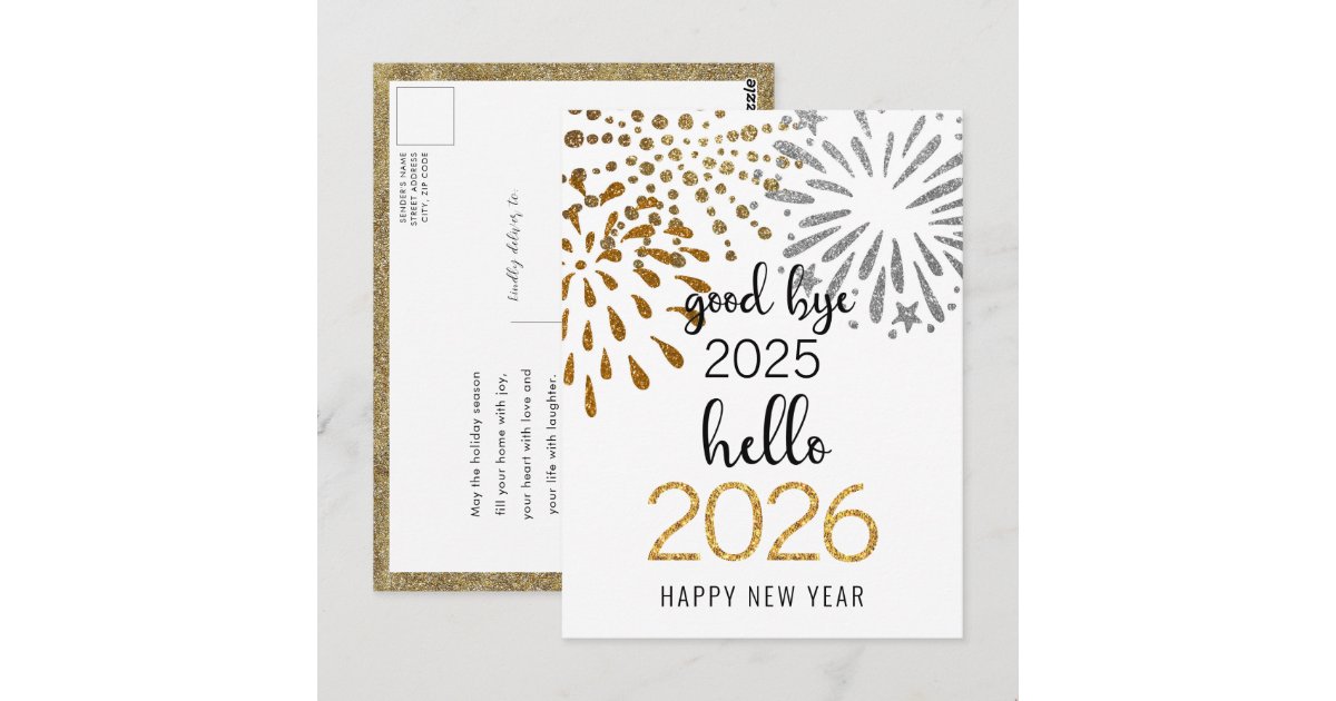 Hello 2024 Gold Glitter New Year Festive Fireworks Postcard | Zazzle
