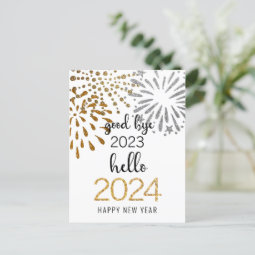 Hello 2024 Gold Glitter New Year Festive Fireworks Postcard | Zazzle