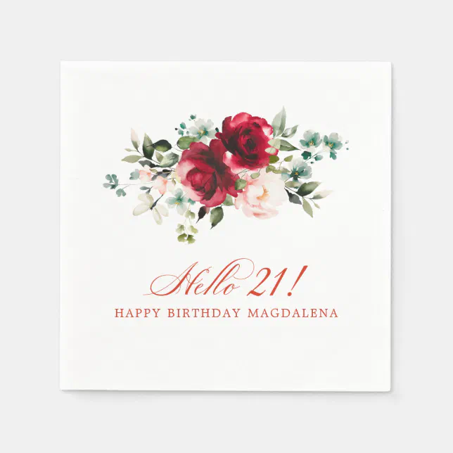 Hello 21 Birthday Party Red Pink Floral Napkins | Zazzle